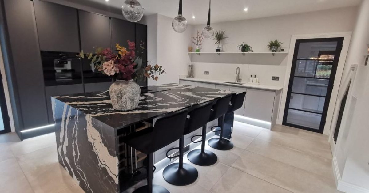 Quartz Waterfall Kitchen Island & Worktops - Marble 2 Marvel